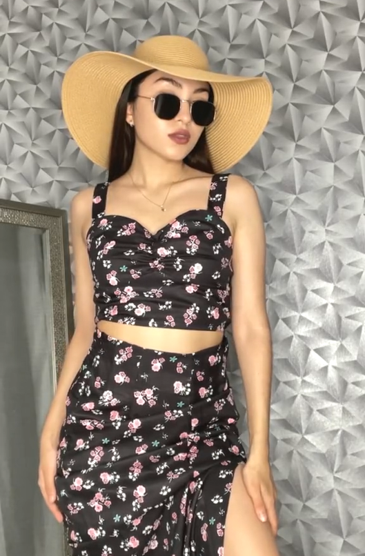Ditsy Floral Print Crop Top And Split Front Skirt Set