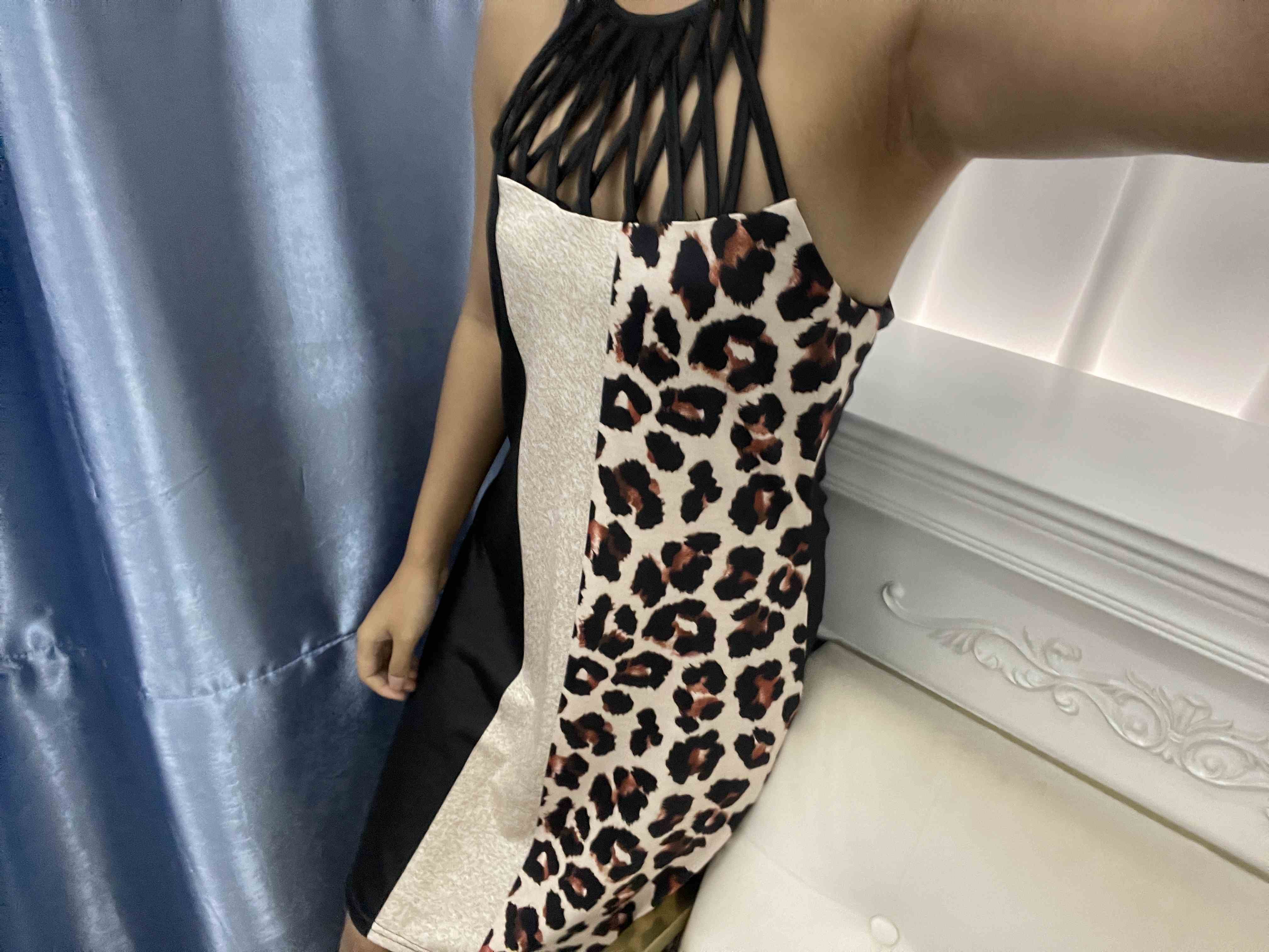 Halter Hollow Out Cheetah Print Colorblock Casual Dress