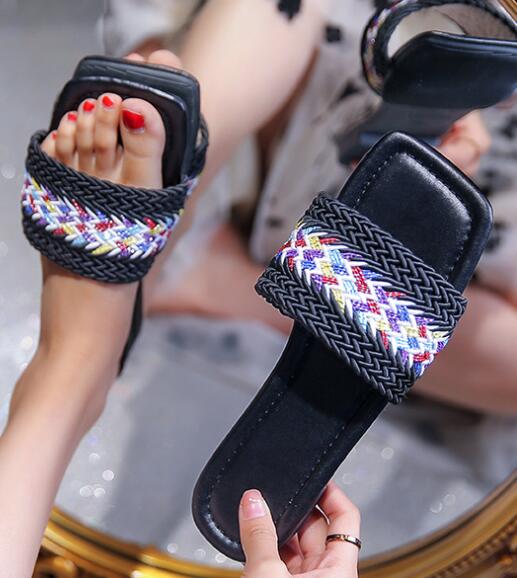 Braided Square Toe One Strap Slippers