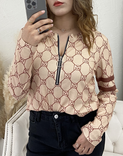 ChicMe Letter Print Zip Front Long Sleeve Top