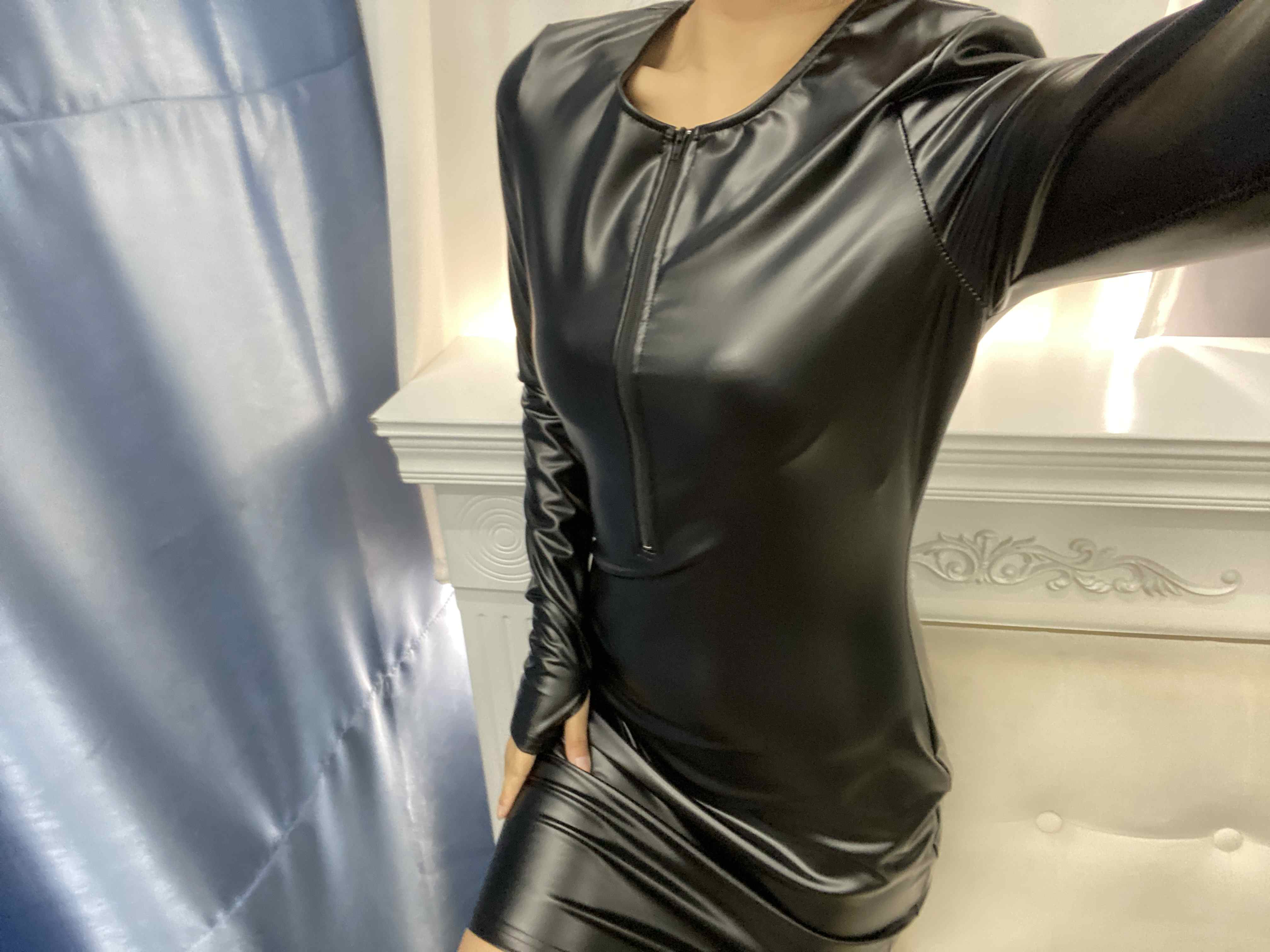 Long Sleeve Zip Front PU Leather Bodycon Dress
