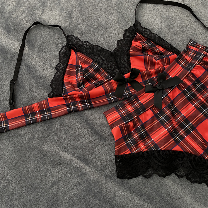 Bowknot Decor Plaid Print Lace Trim Lingerie Set