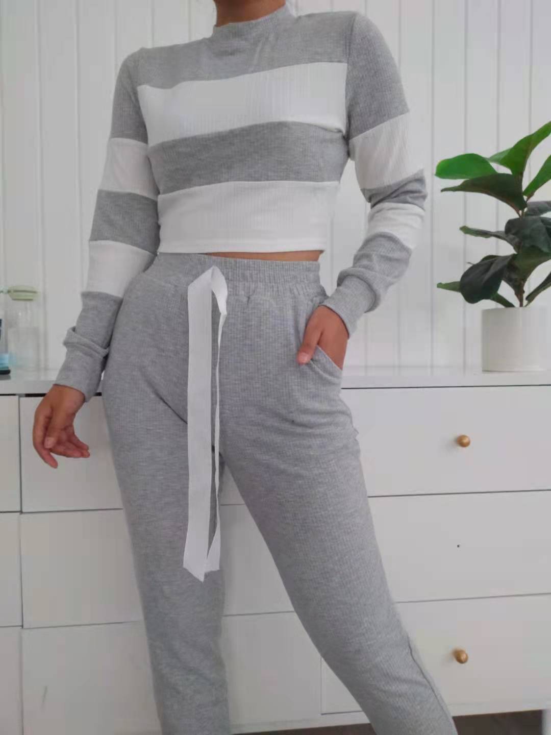 Colorblock Long Sleeve Crop Top & Drawstring Pants Set