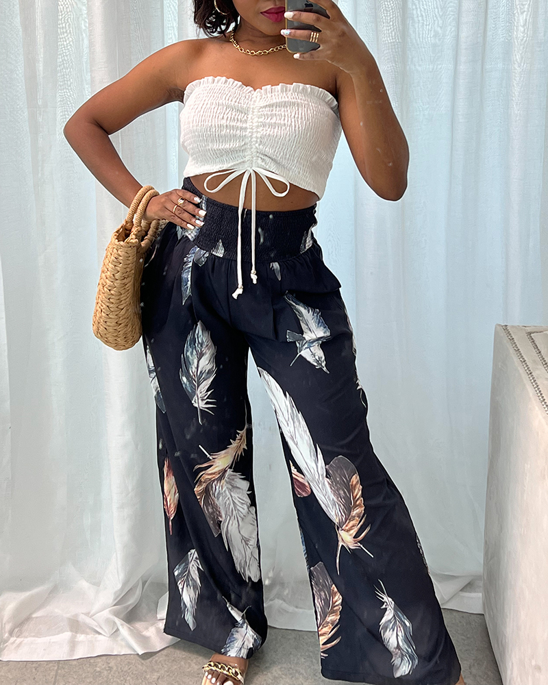 Feather Print High Waist Wide Leg Pants