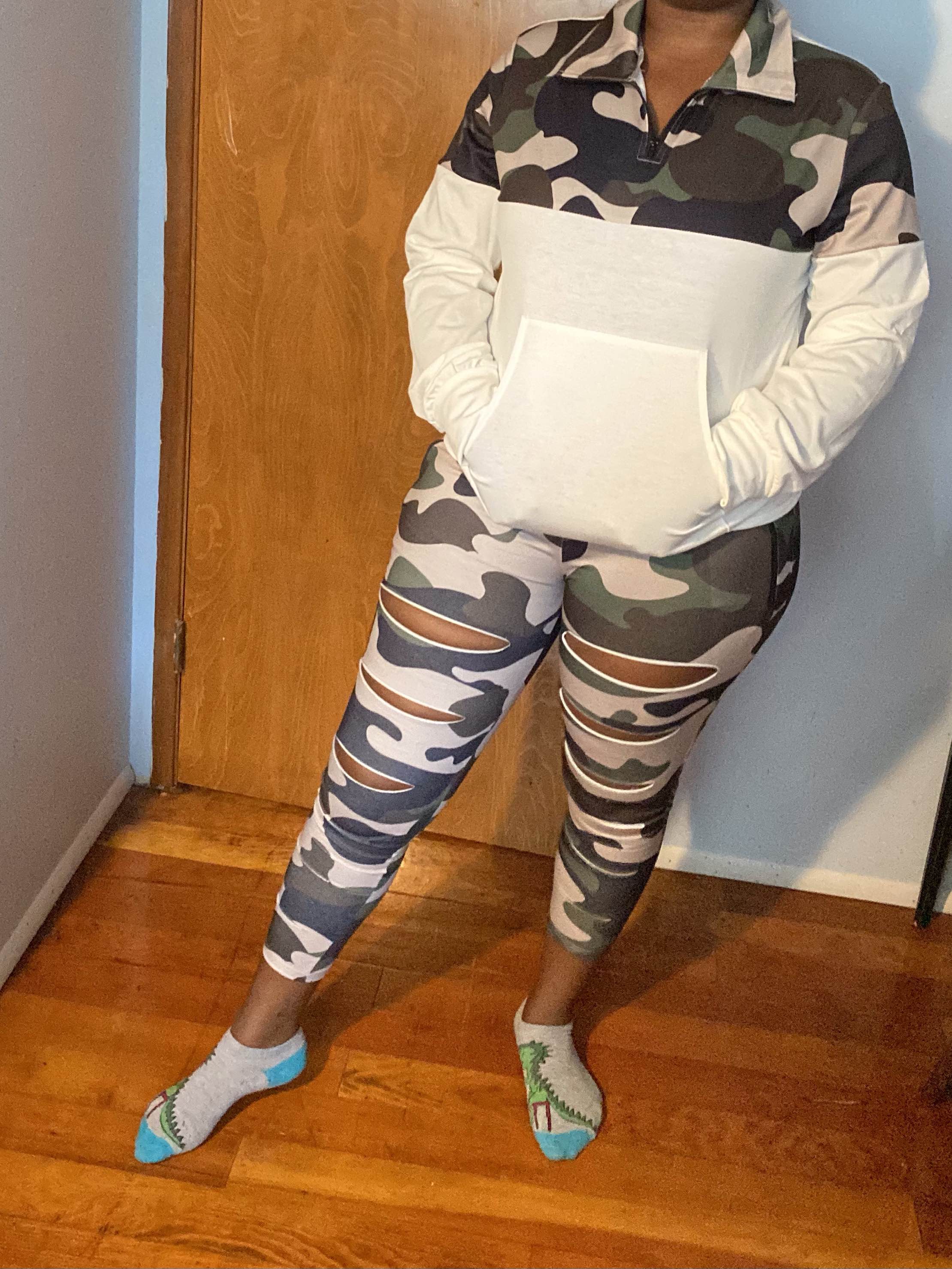 Camo Print Long Sleeve Top & Ladder Cutout Pants Set