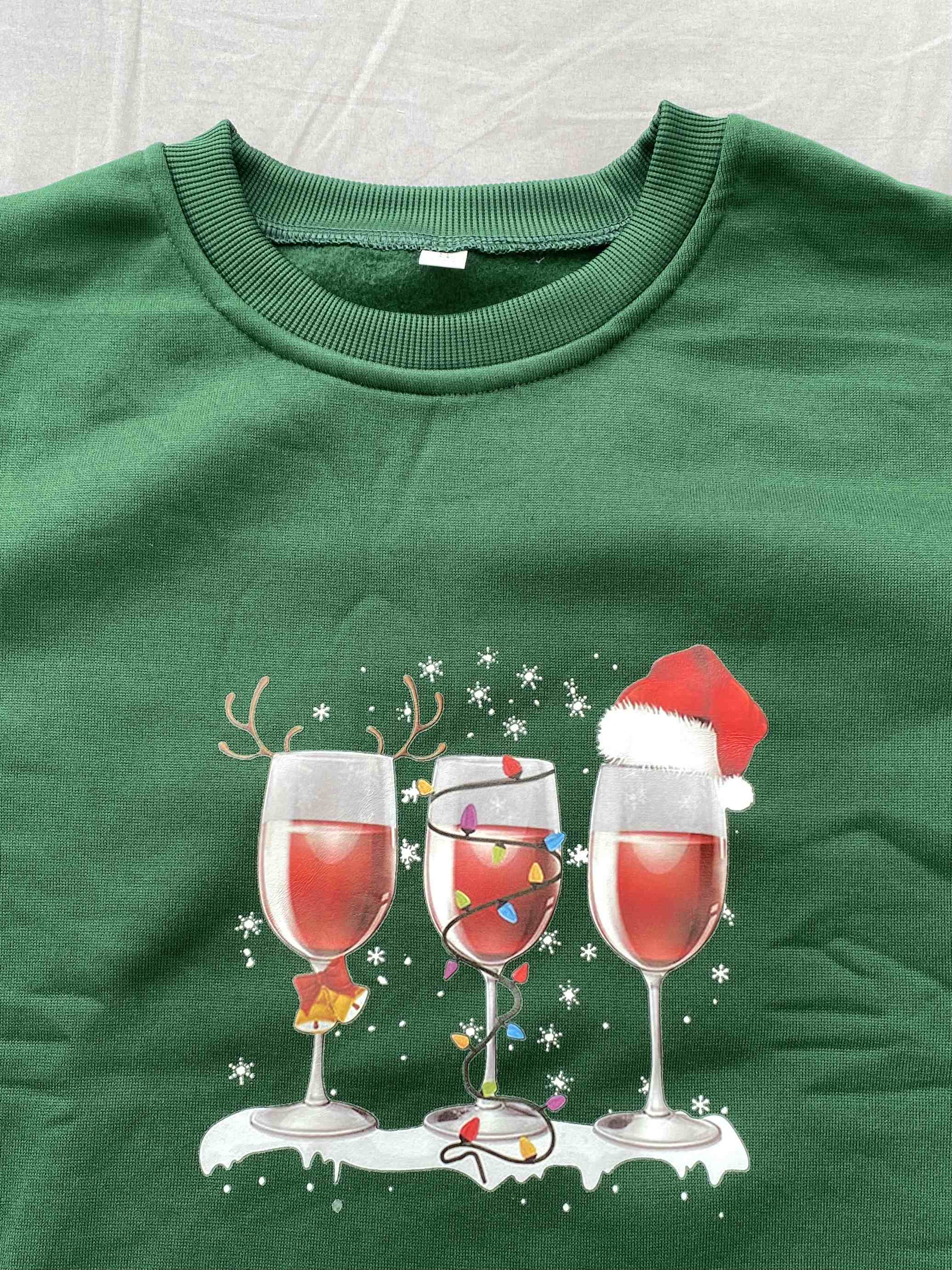 Sudadera navideña con estampado gráfico de copas de vino de manga larga