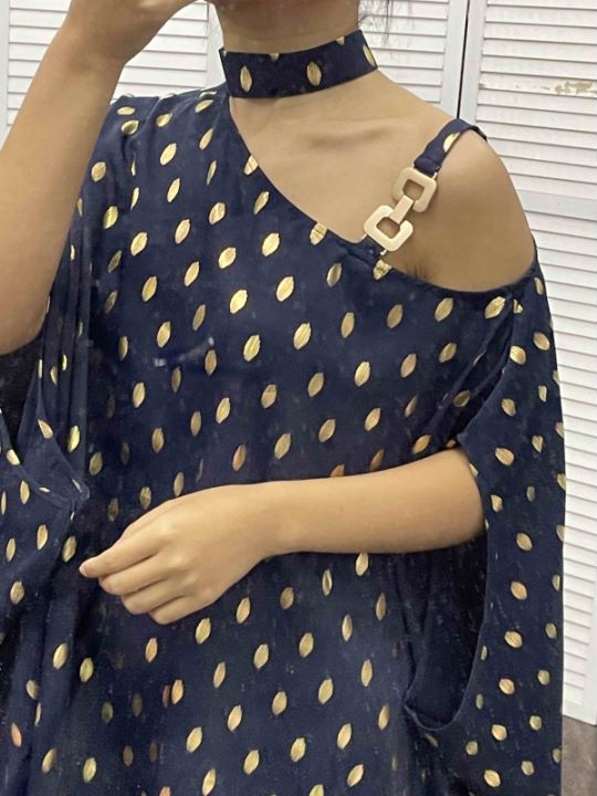 Metallic Polka Dot Chain Strap Cold Shoulder Top