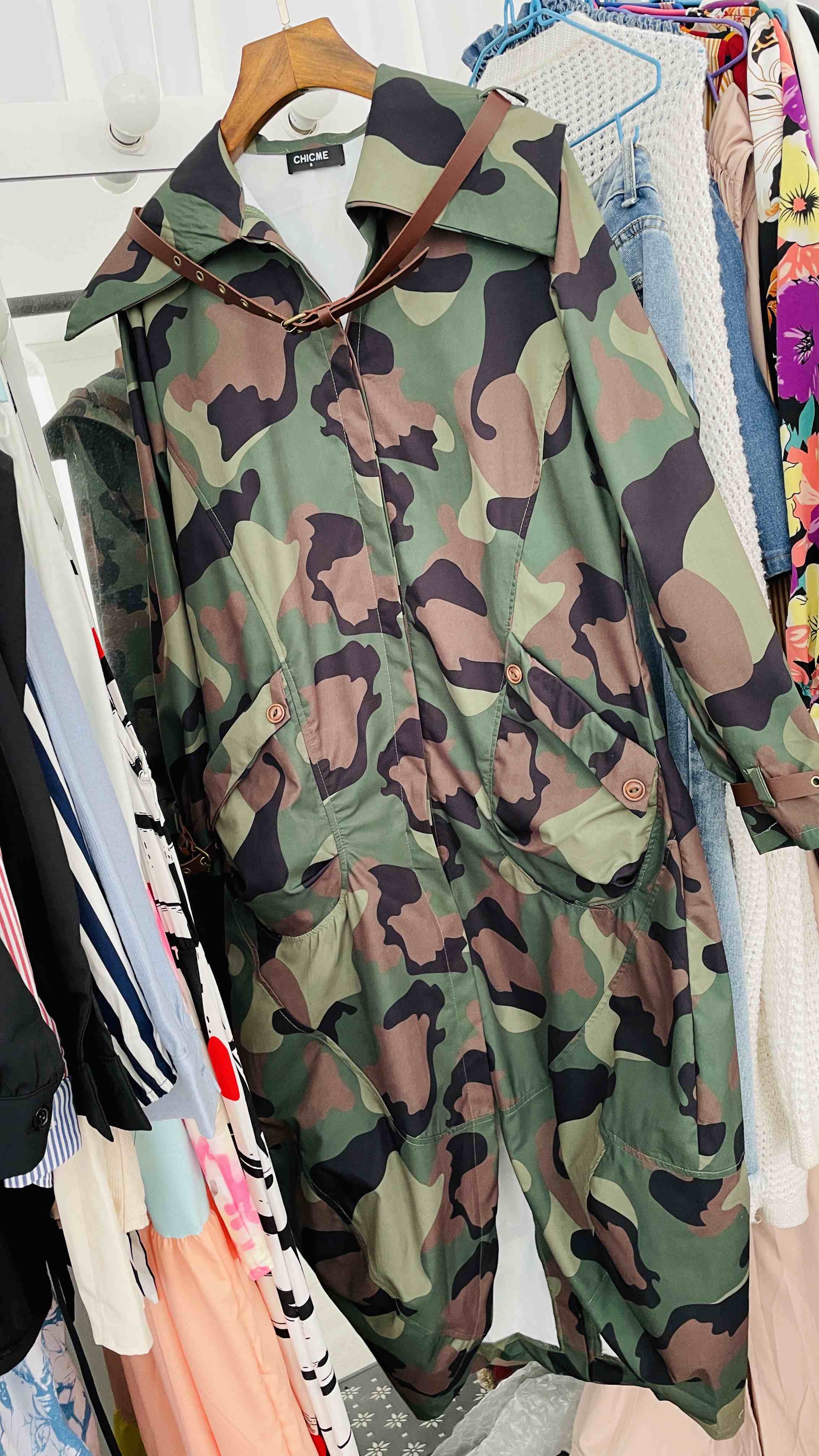 Camo Print Pocket Design Long Sleeve Trench Coat