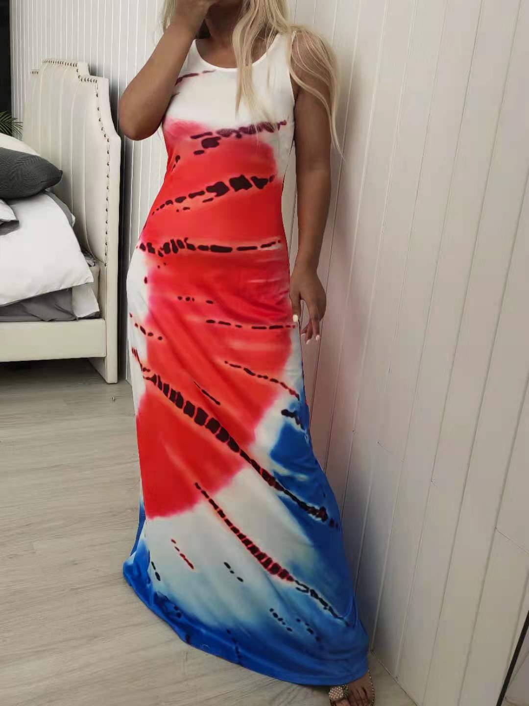 Tie Dye Print Sleeveless Casual Maxi Dress
