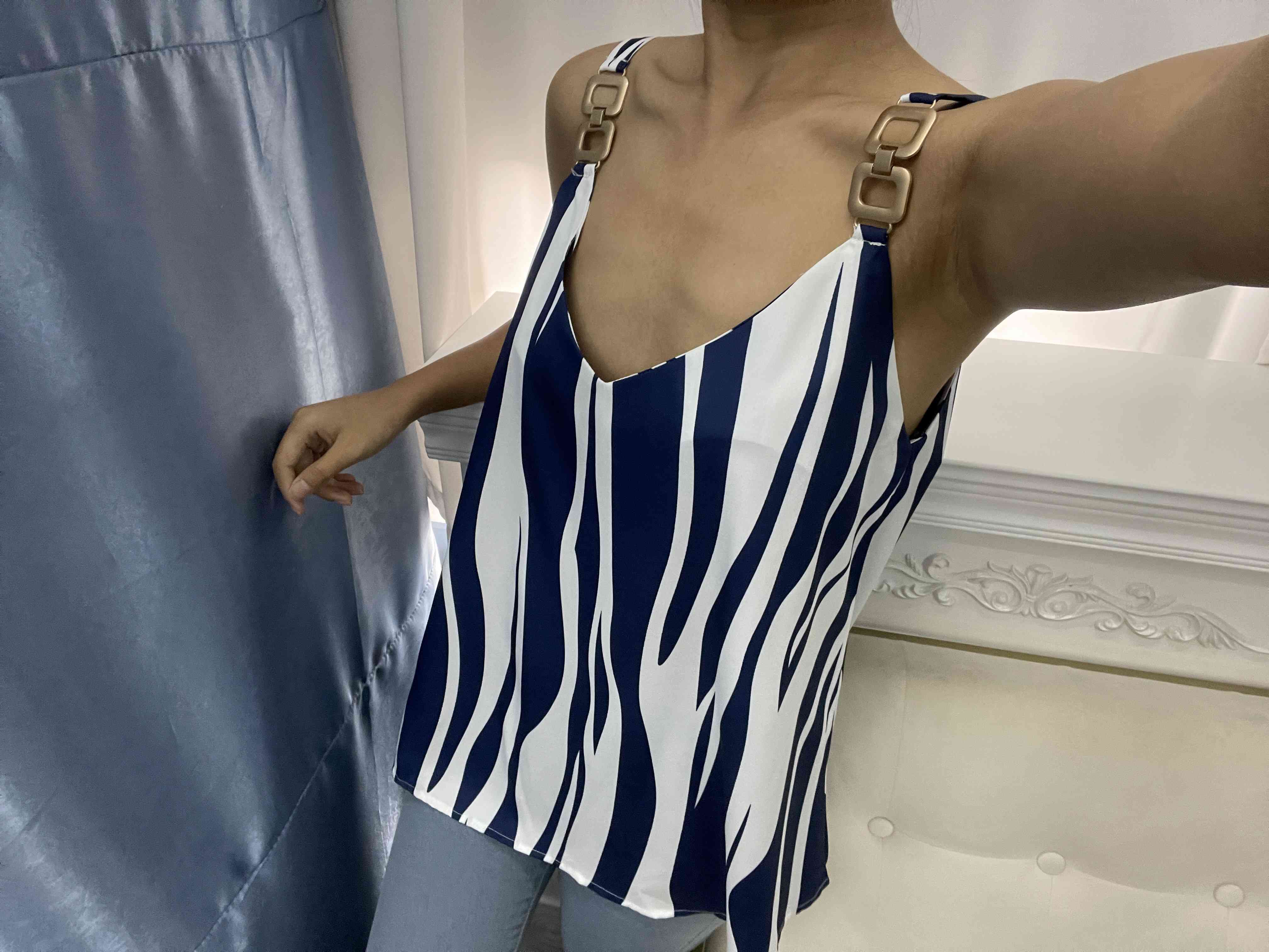 Zebra Stripe Print Chain Strap V-Neck Cami Top