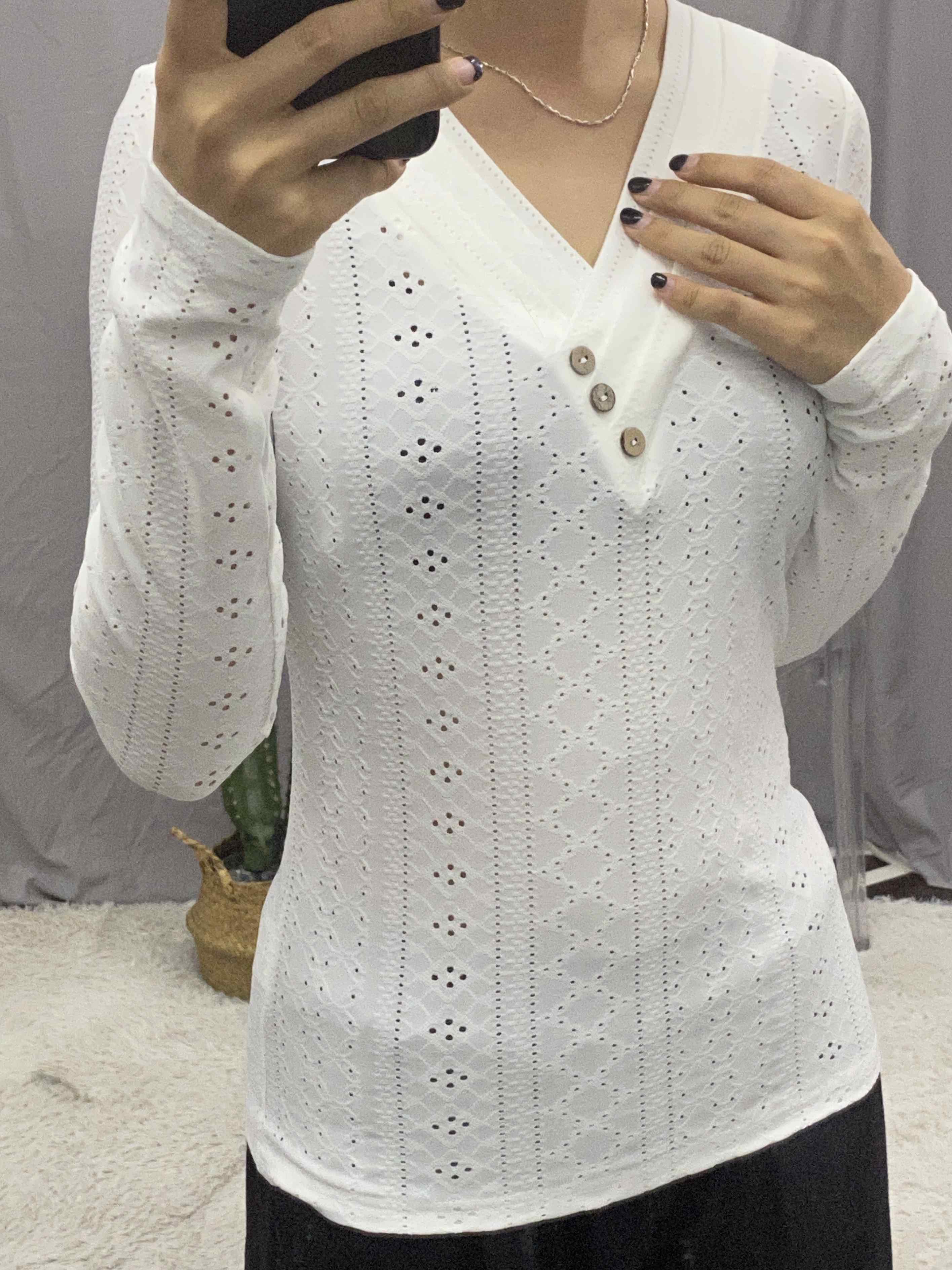 Long Sleeve Ruched Eyelet Embroidery Top