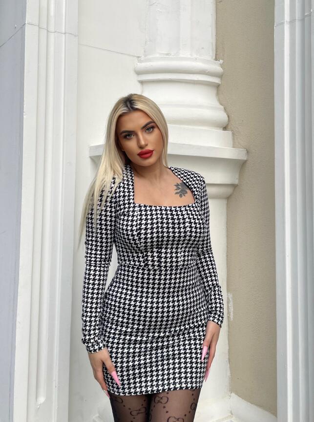 Houndstooth Print Long Sleeve Bodycon Dress