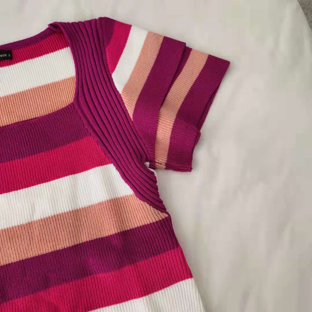 Colorblock Striped Square Neck Knit Top