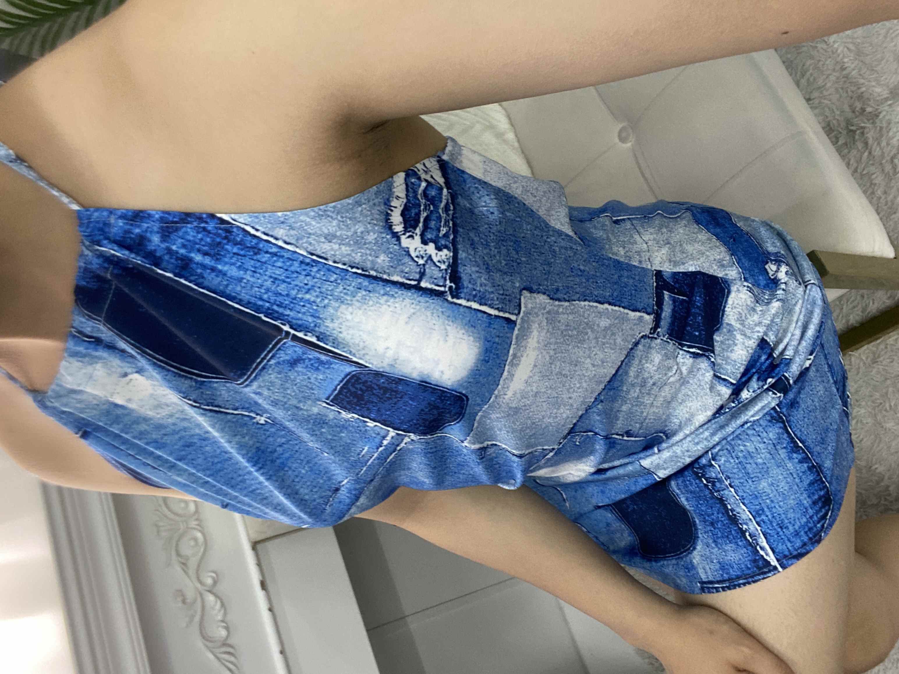 Denim Look Print Halter Backless Mini Dress