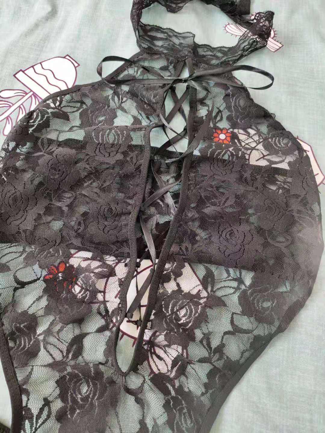 Crochet Lace Sheer Mesh Lace Up Teddy
