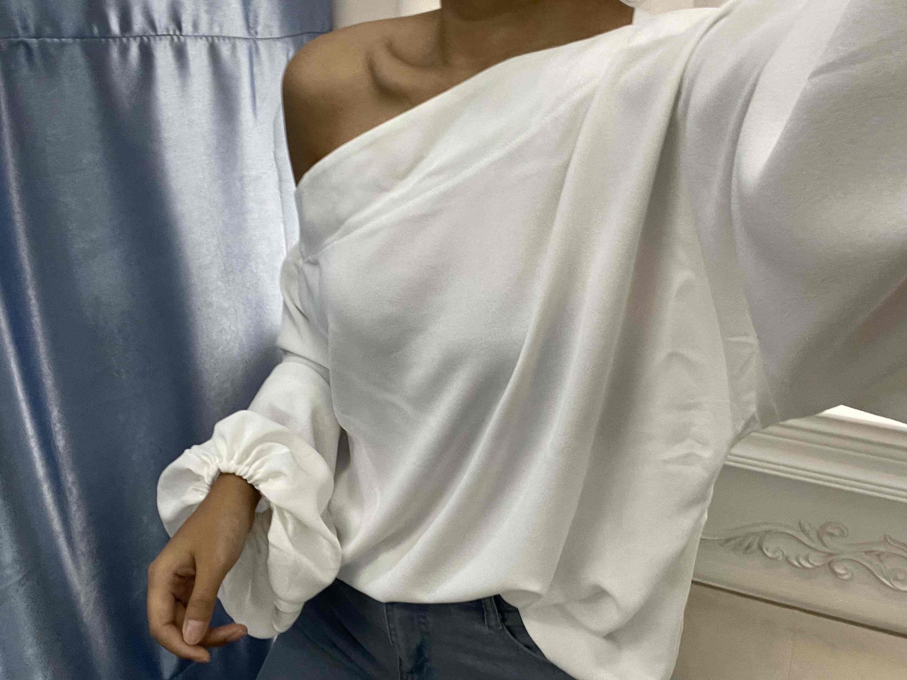 Lantern Sleeve Skew Neck Top