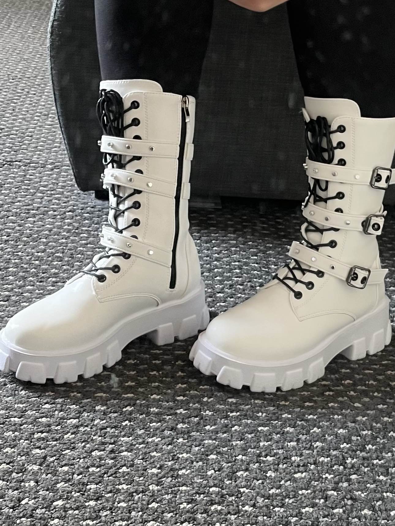 Eyelet Buckled Zipper Design Platform Boots