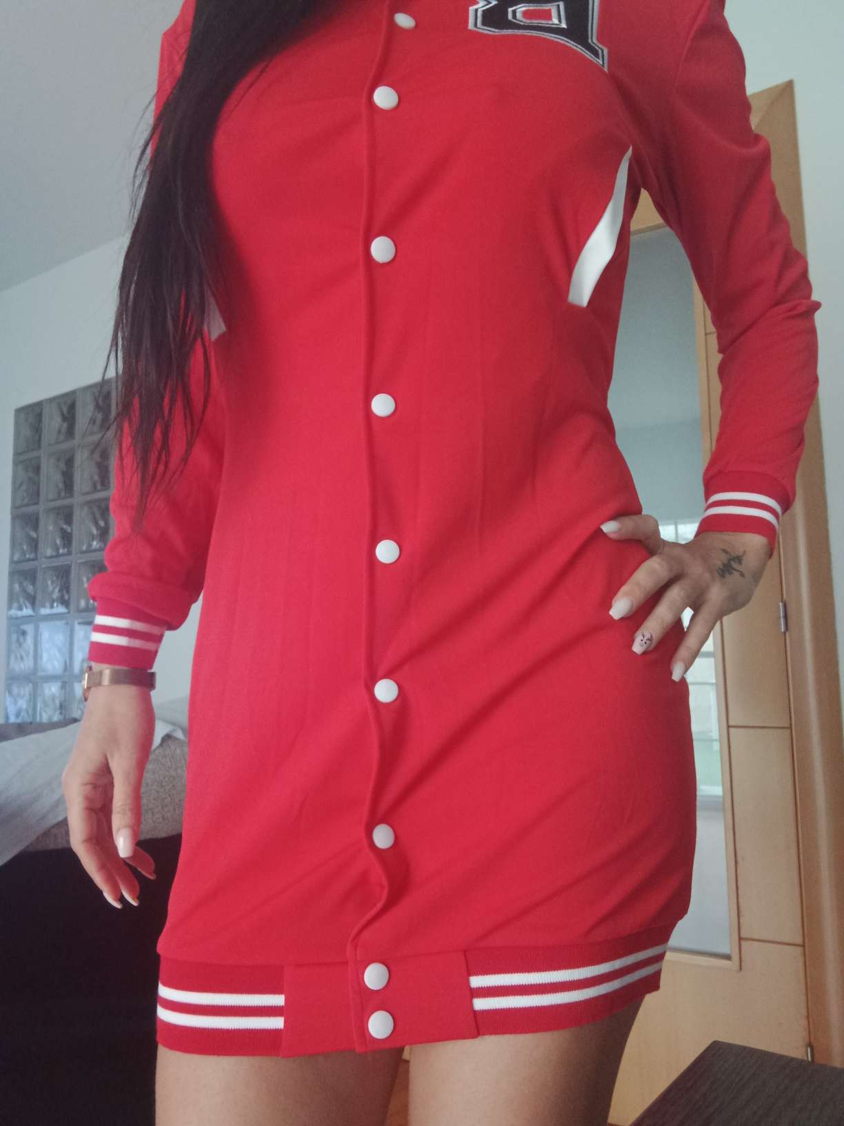 Letter Patch Baseball Collar Button Front Casual Dress