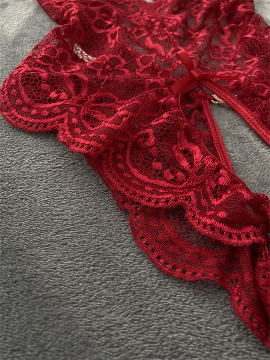 Crotchless Heart Pattern Bowknot Decor Cutout Crochet Lace Teddy