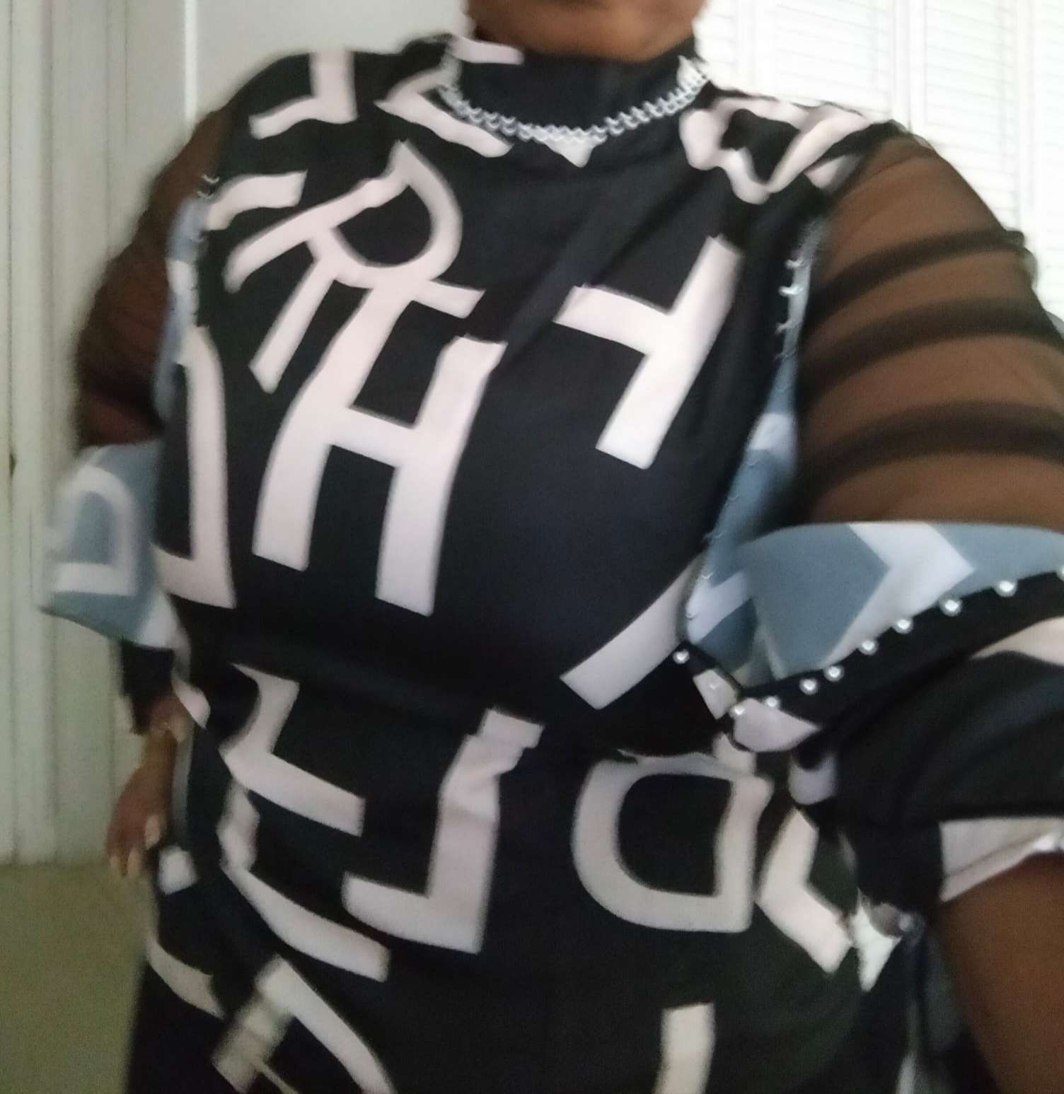 Rhinestone Decor Letter Print Sheer Mesh Lantern Sleeve Top