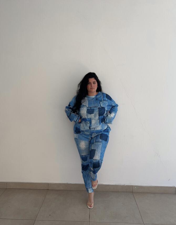 Plus Size Denim Look Print Long Sleeve Top & Pants Set