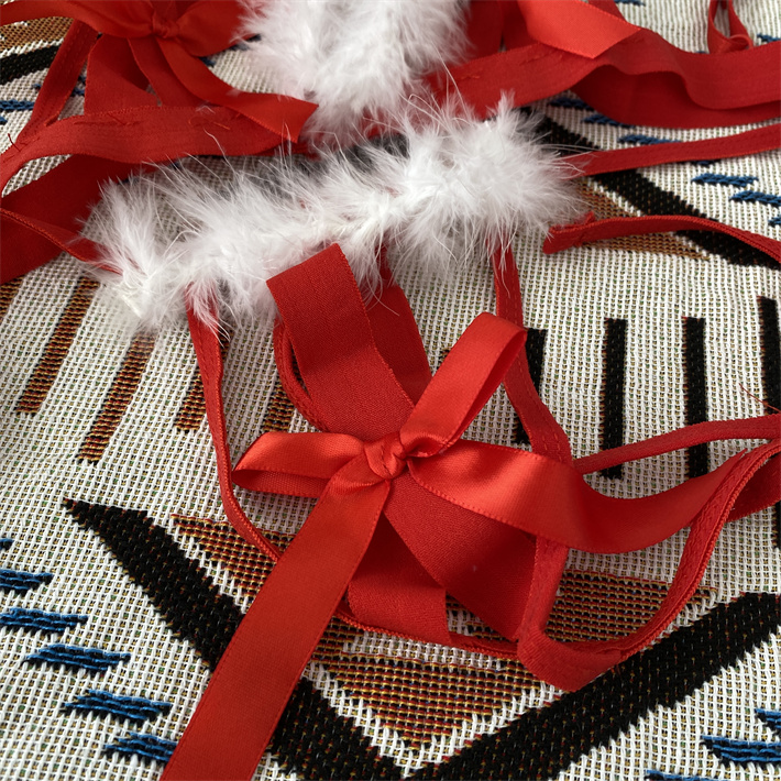 Christmas Feather Detail Bandage Bowknot Design Lingerie Set