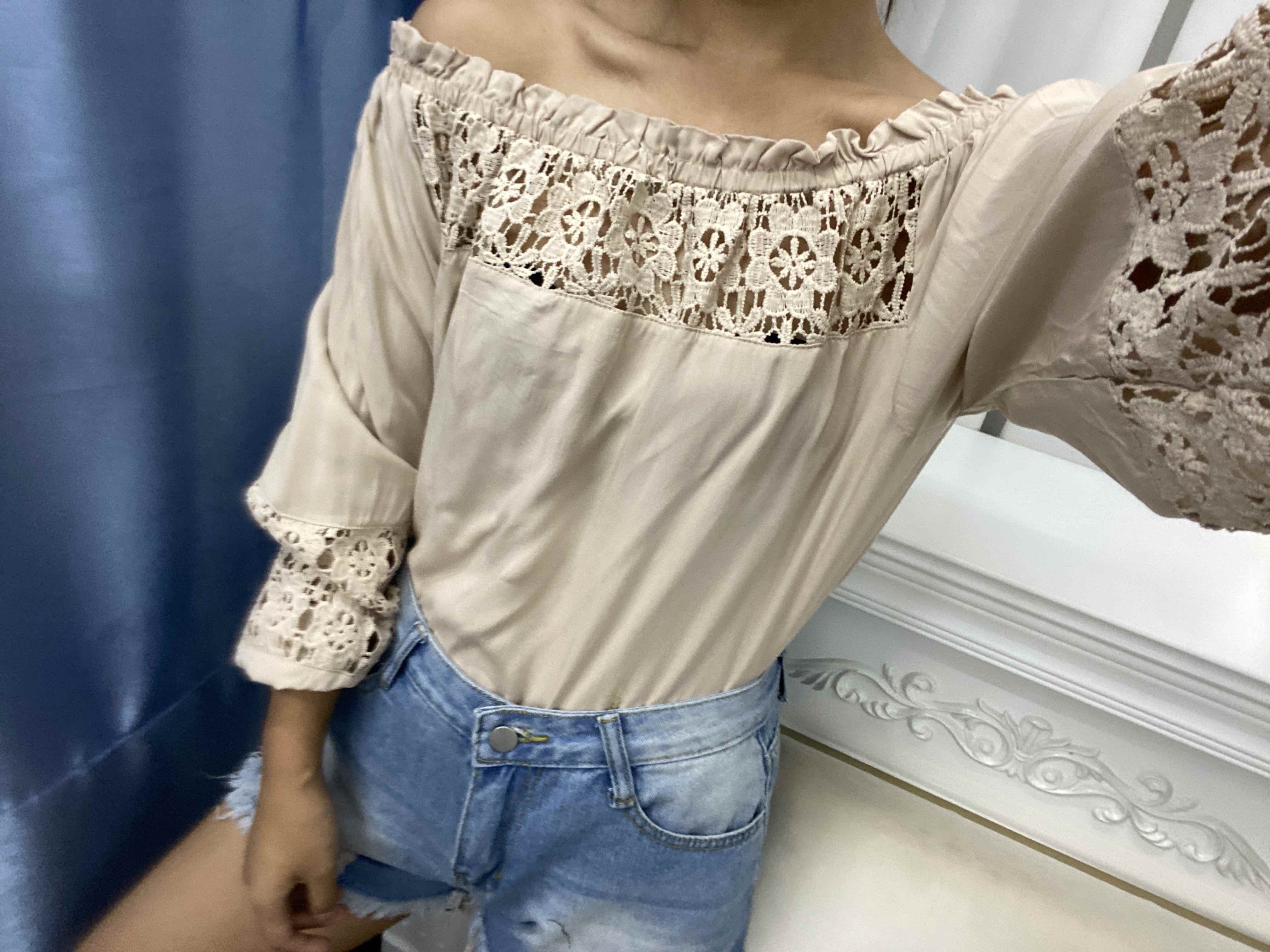 Off Shoulder Frill Hem Lace Patch Lantern Sleeve Top