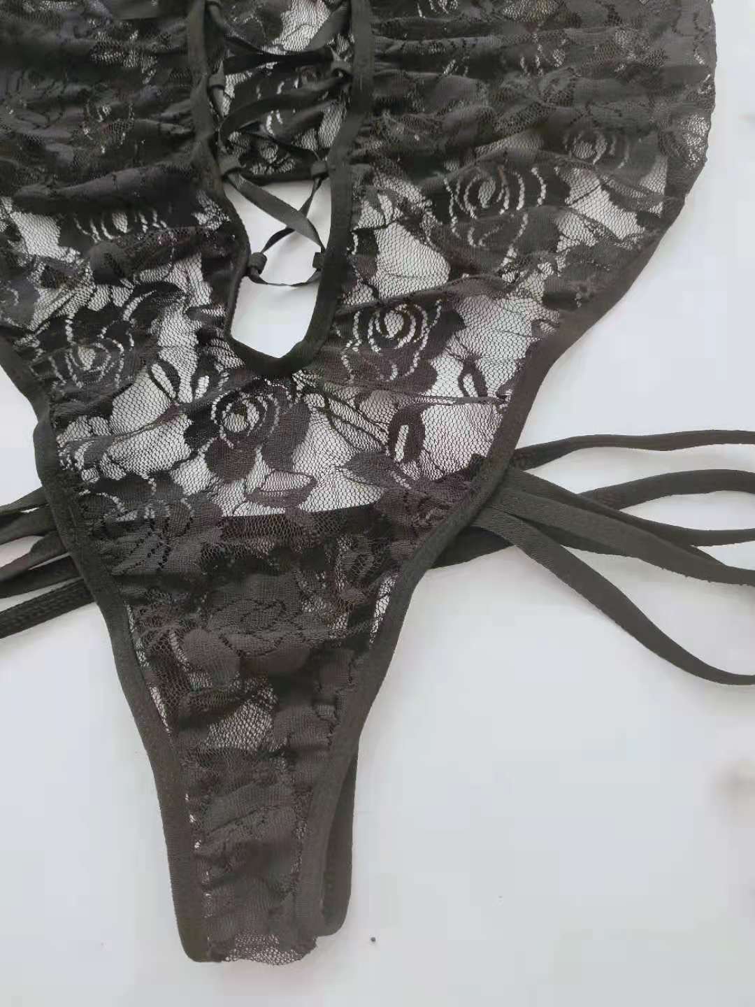 Crochet Lace Sheer Mesh Lace Up Teddy