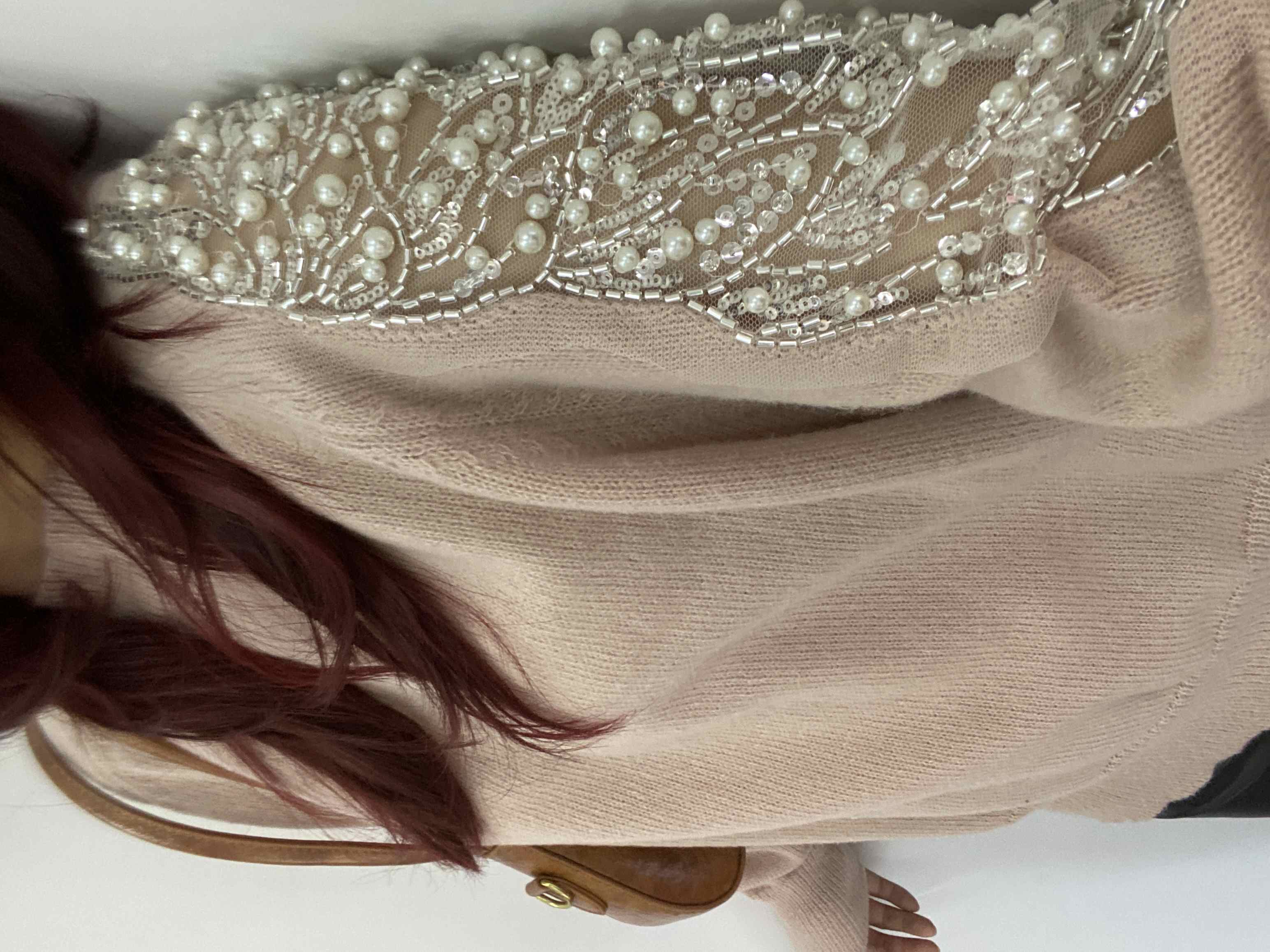 Contrast Sequin Beaded Sheer Mesh Patch Knit Sweater