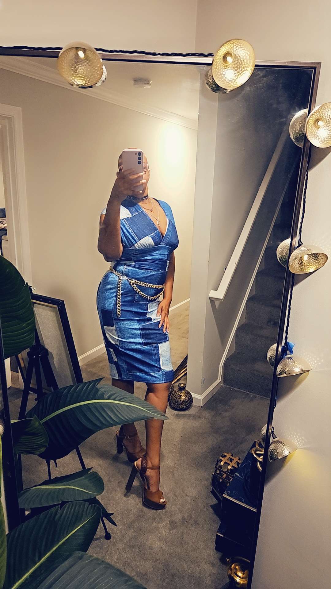 Denim Look Print Cap Sleeve Midi Dress