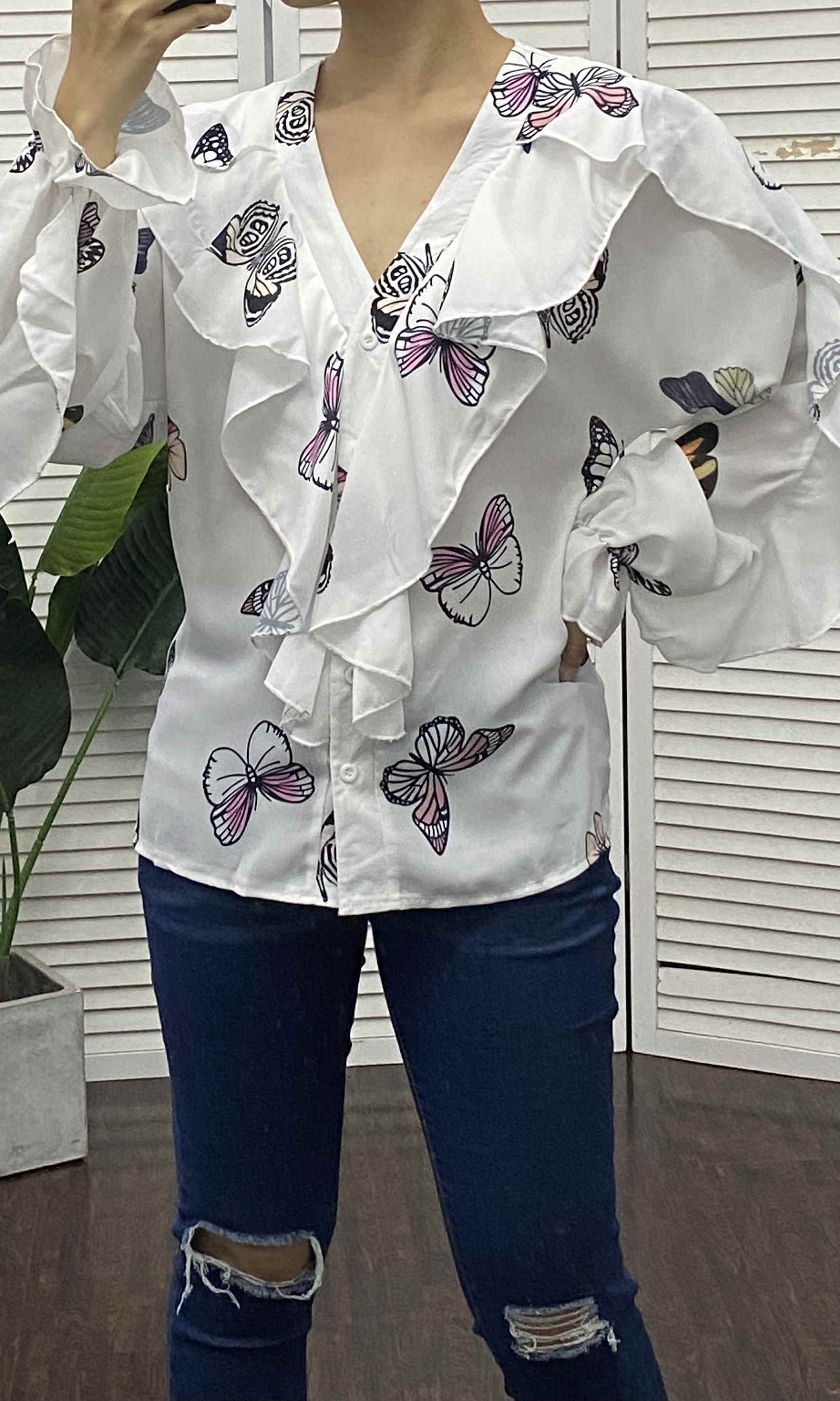 Ruffles Butterfly Print Long Sleeve Top