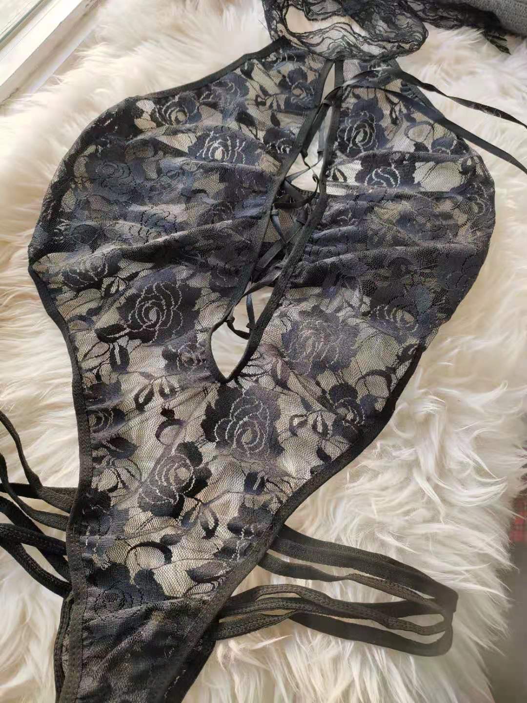 Crochet Lace Sheer Mesh Lace Up Teddy