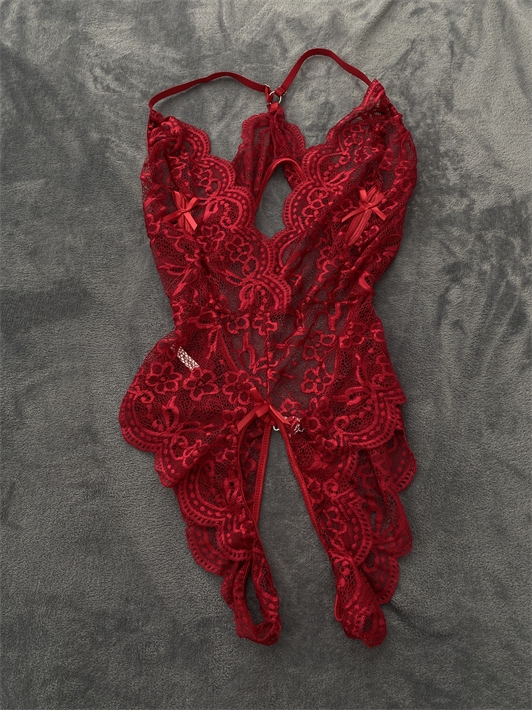 Crotchless Heart Pattern Bowknot Decor Cutout Crochet Lace Teddy