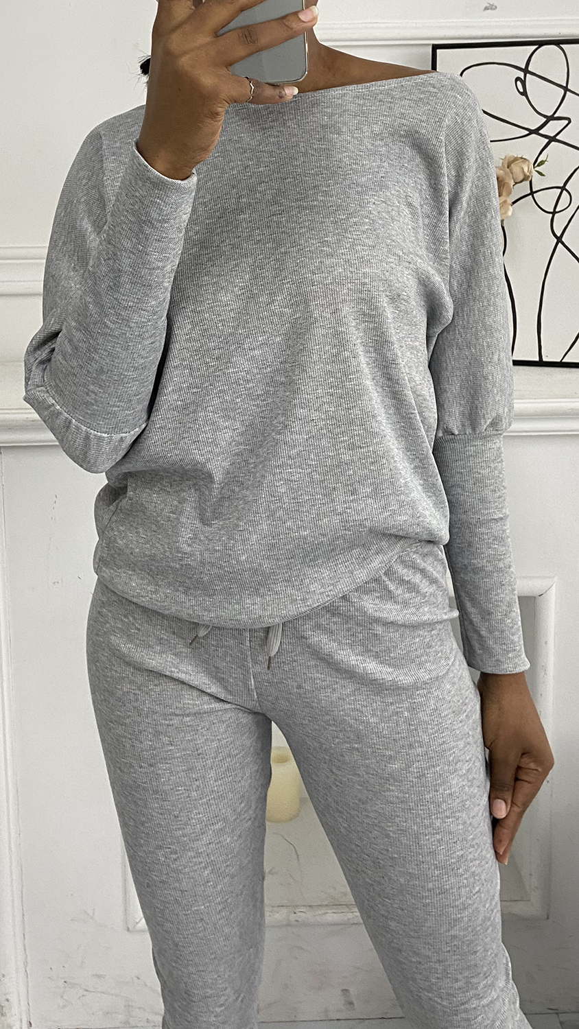 Batwing Sleeve Casual Top & High Waist Drawstring Pants Set