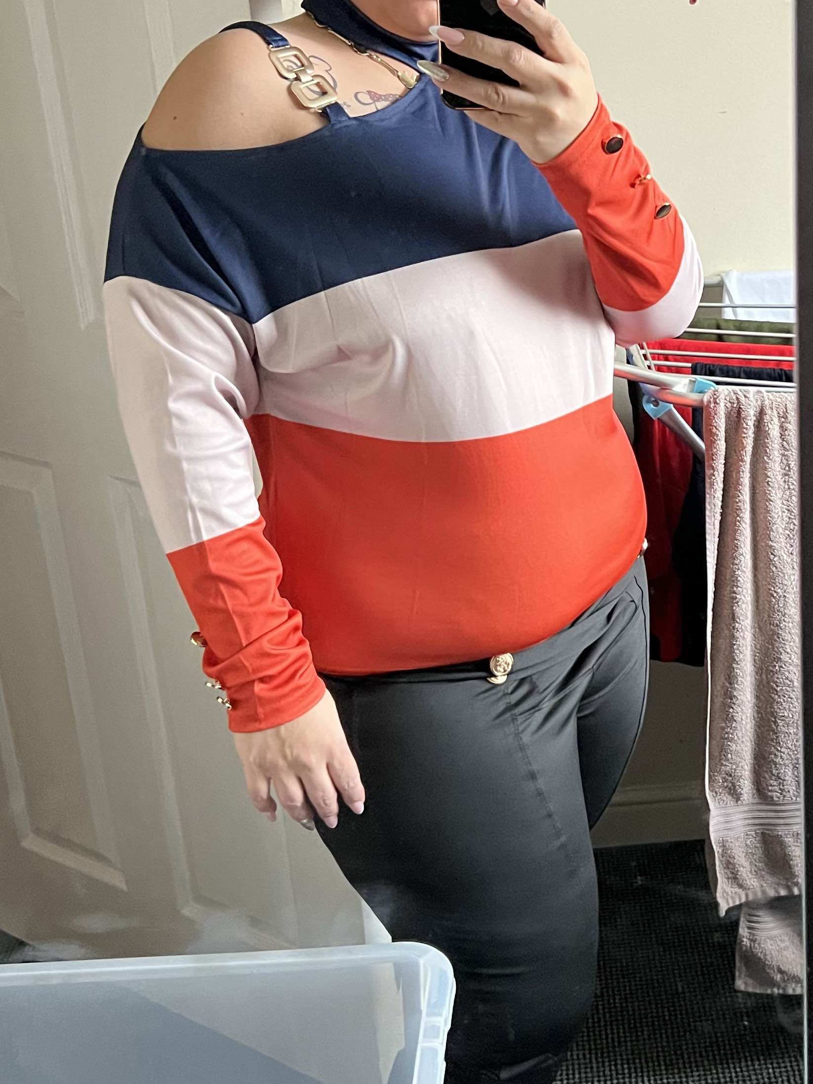 Colorblock Metal Decor Cold Shoulder Top