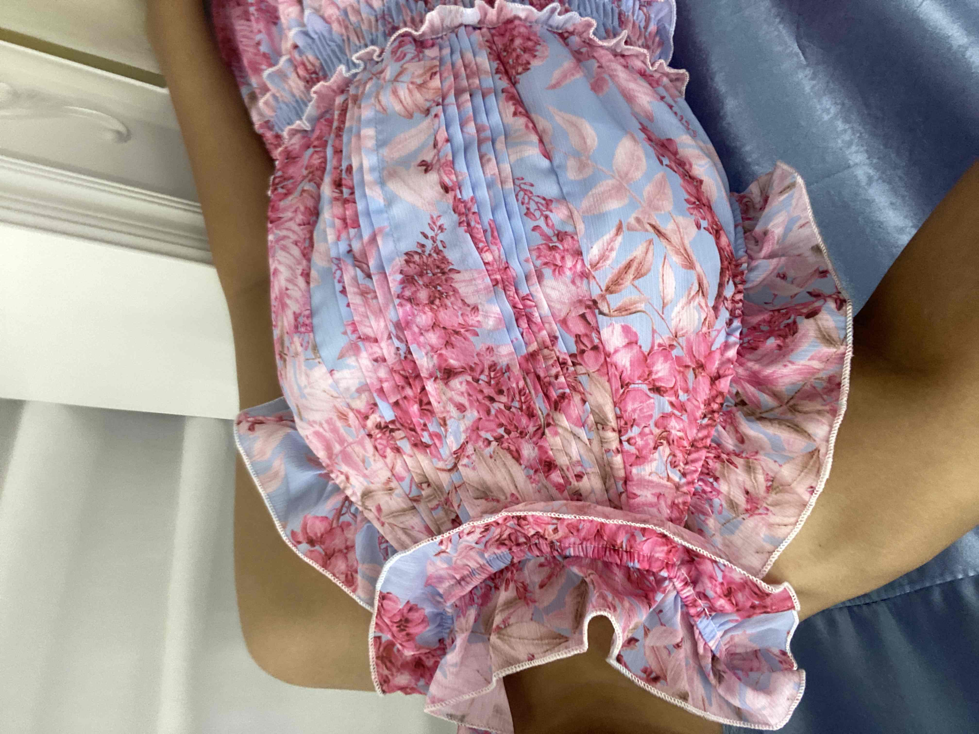 Halter Backless Shirred Ruffle Hem Plants Print Dress