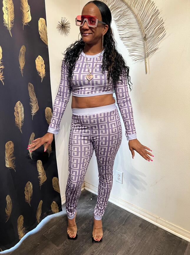 Geometric Print Long Sleeve Crop Top & Pants Set