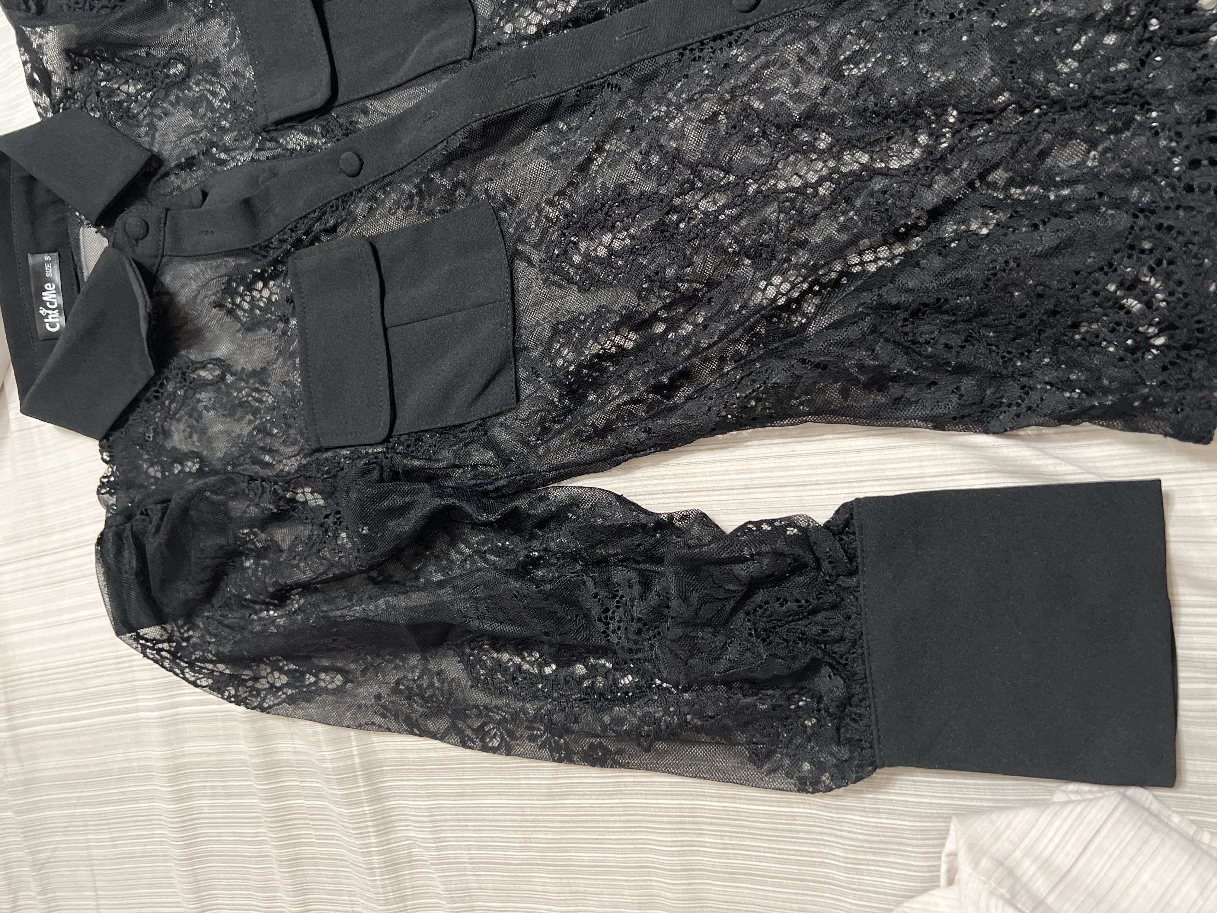 Mesh Lace Detail Button-Up Blouse