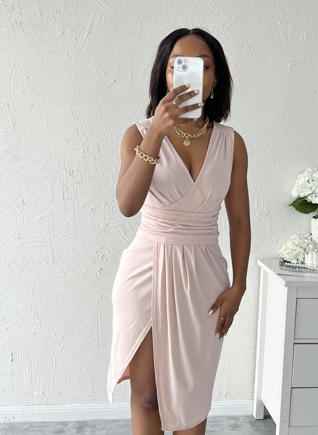 Sleeveless Ruched Overlap Slit Party Dress