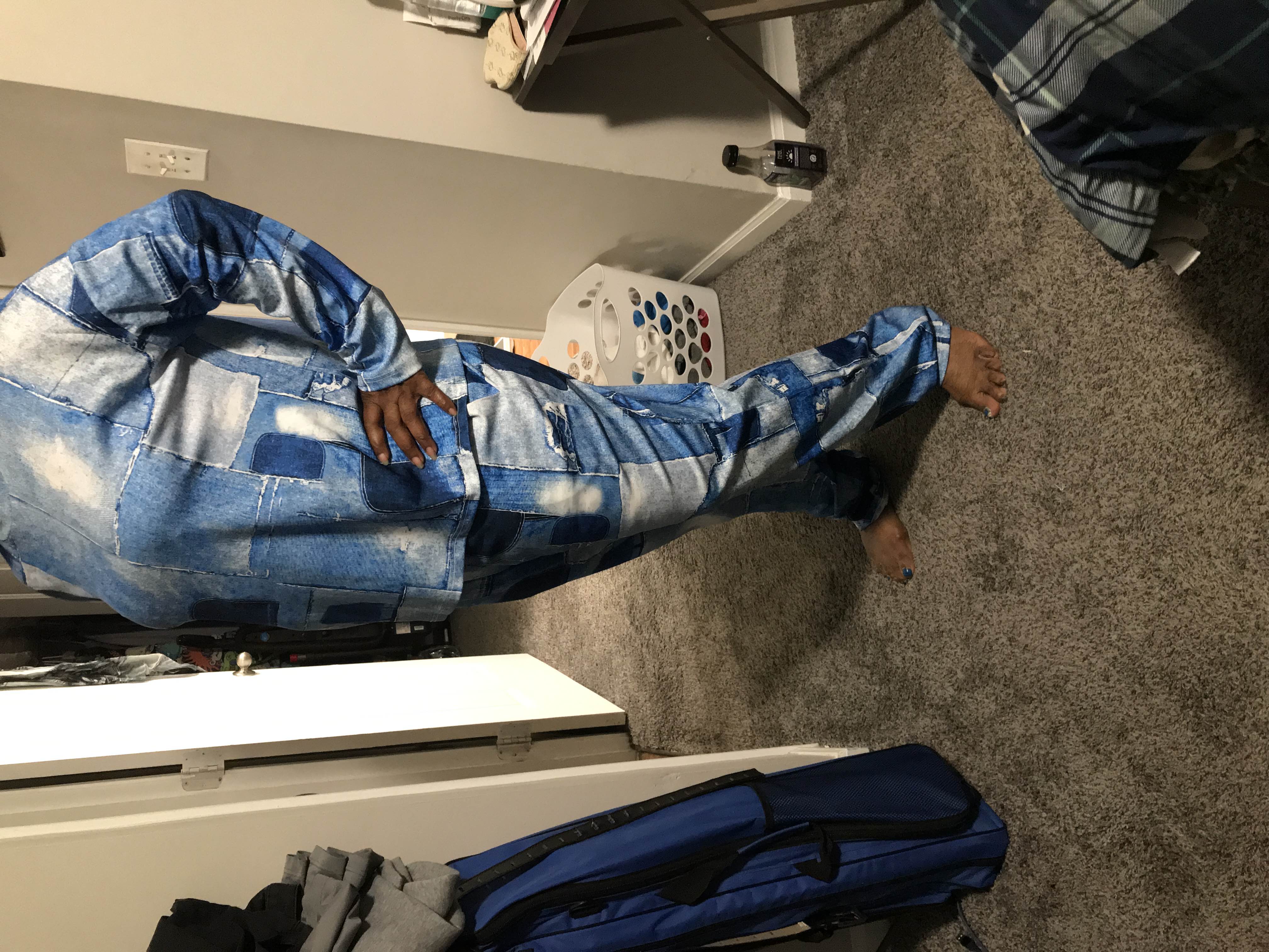 Plus Size Denim Look Print Long Sleeve Top & Pants Set