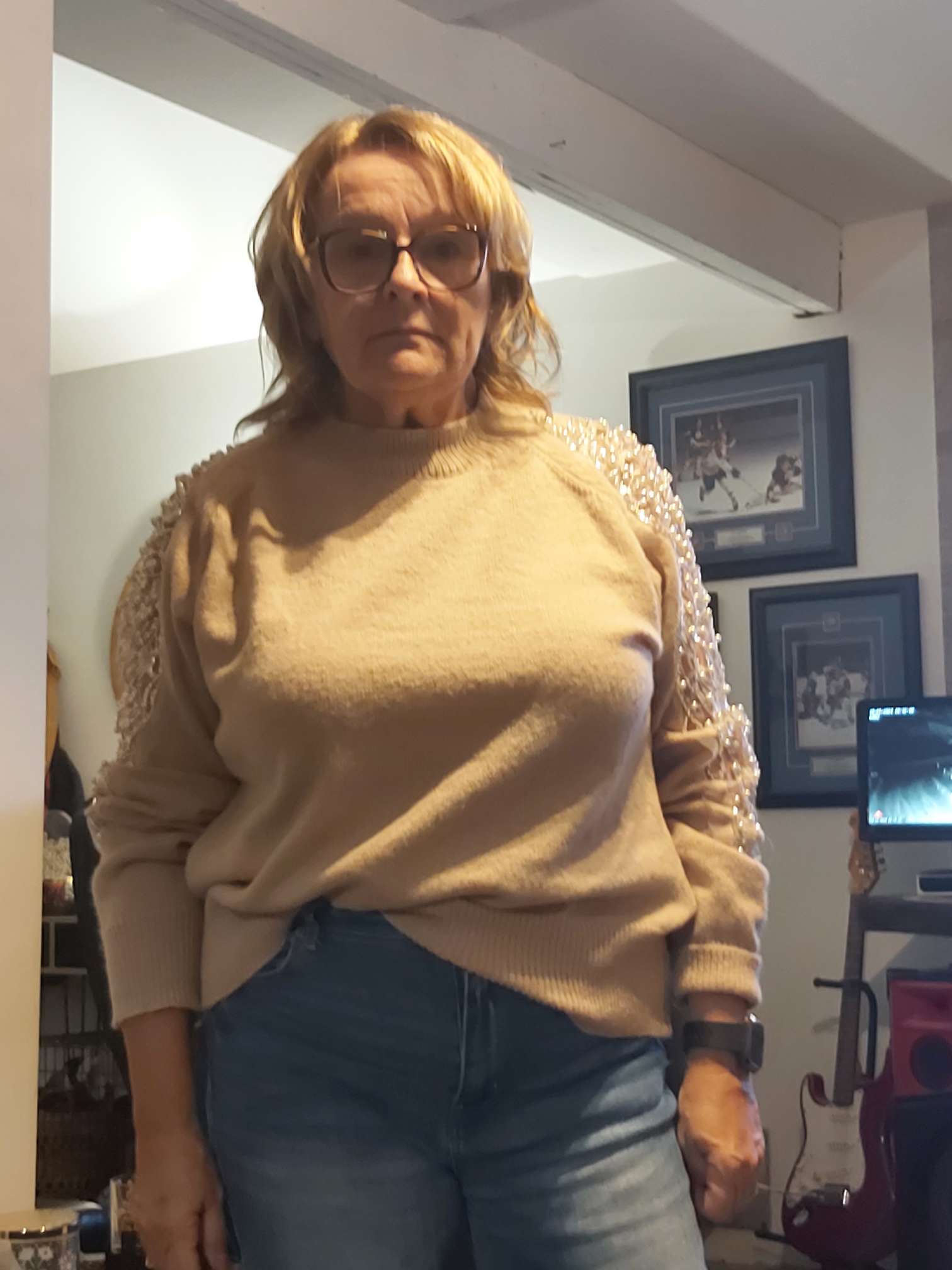 Contrast Sequin Beaded Sheer Mesh Patch Knit Sweater