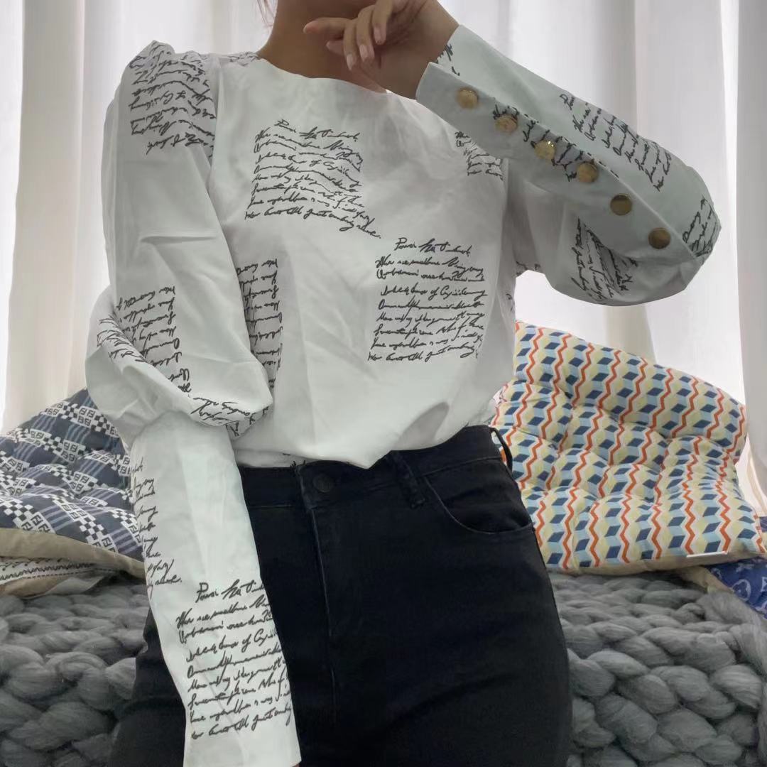 Letter Print Buttoned Long Sleeve Top