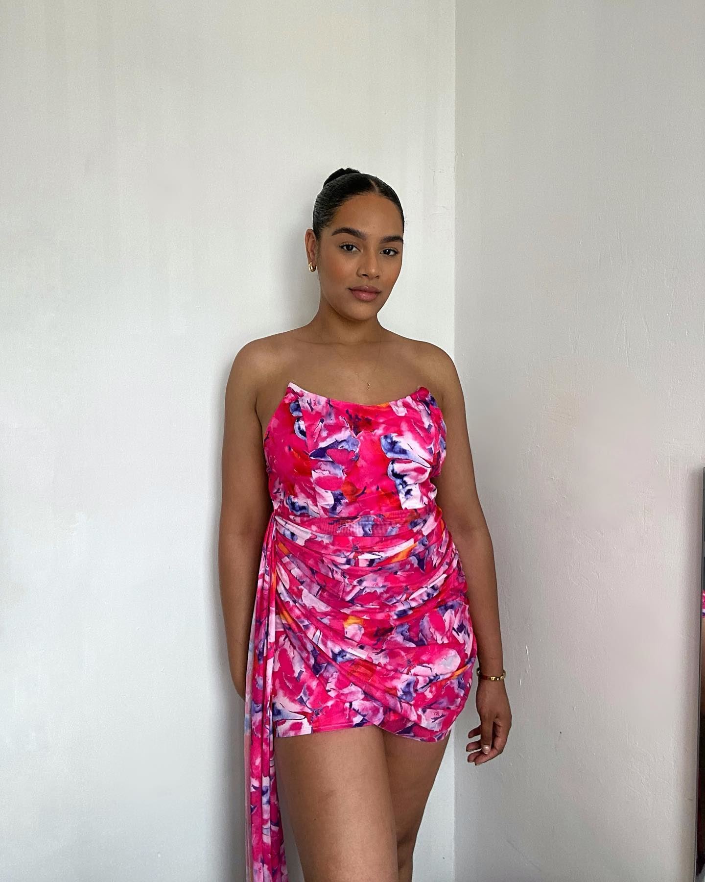 Allover Floral Print Bandeau Side Asymmetrical Hem Party Dress