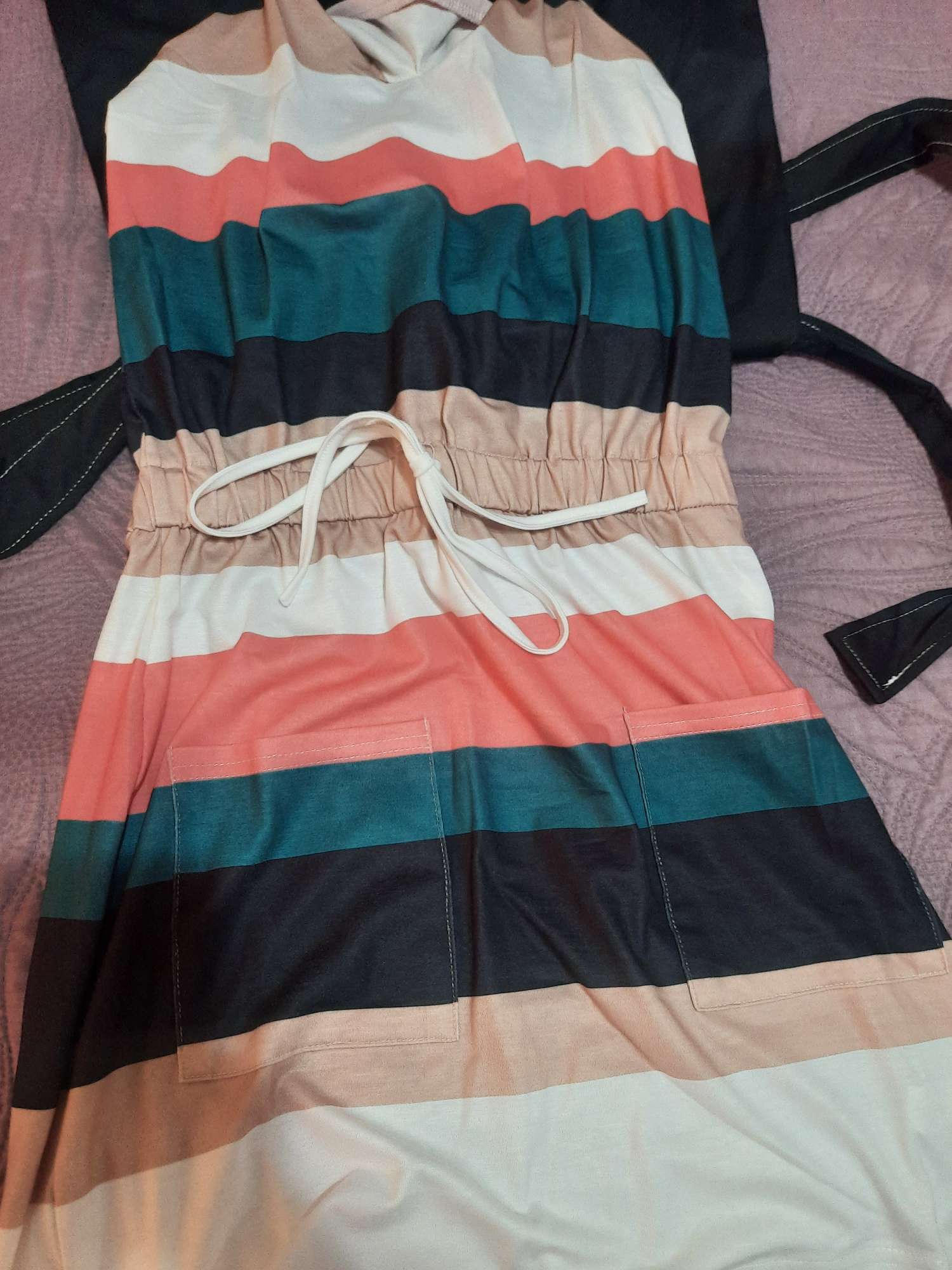Striped Print Colorblock Drawstring Casual Dress