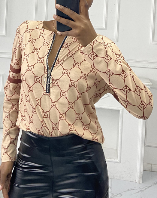 ChicMe Letter Print Zip Front Long Sleeve Top