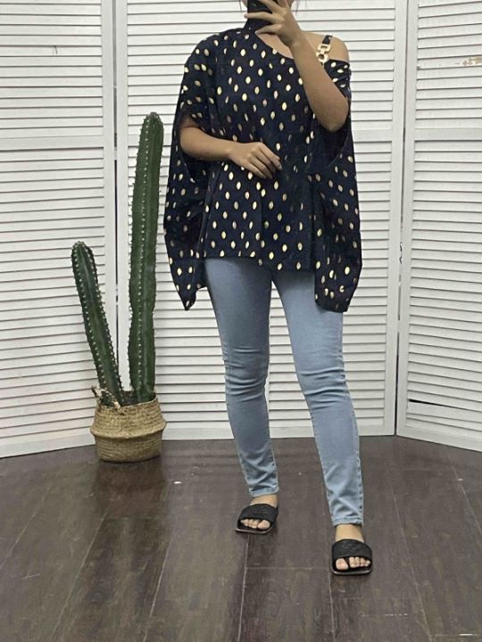 Metallic Polka Dot Chain Strap Cold Shoulder Top
