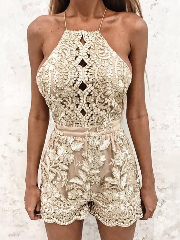 Sexy Emborided Lace Backless Romper