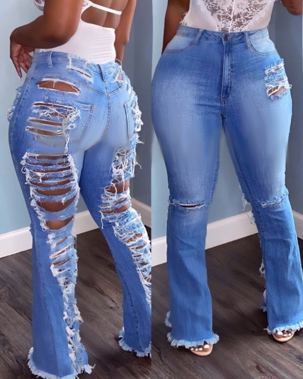 Zipper Fly Cutout Ripped Raw Hem Bootcut Jeans
