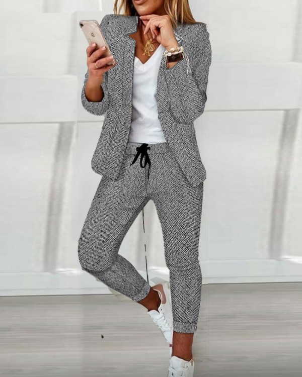 Open Front Tweed Blazer & Drawstring Pants Set