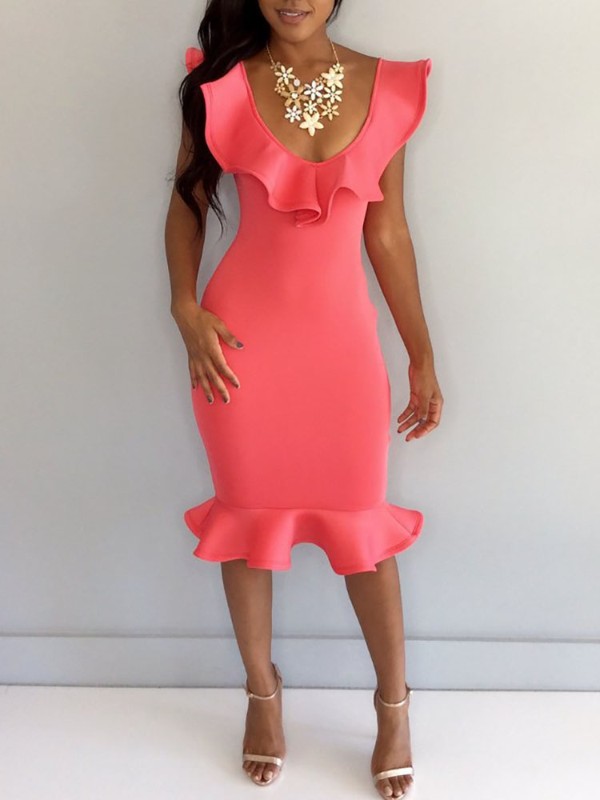 Stylish Solid Ruffled Hem Bodycon Midi Dress